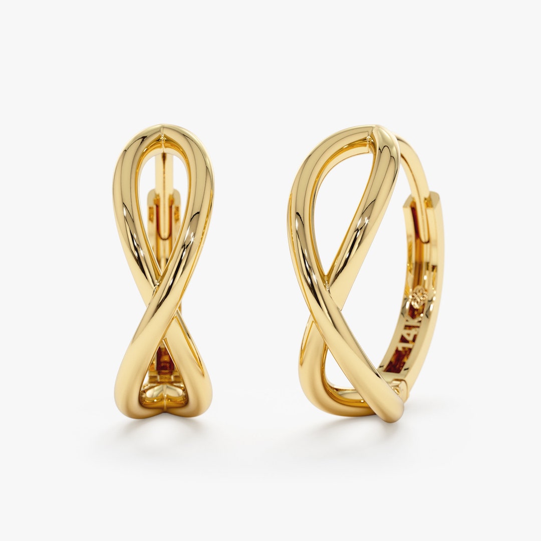 14k Gold Infinity Huggie, Crossover Plain Hoop, Classic Elegant Design ...