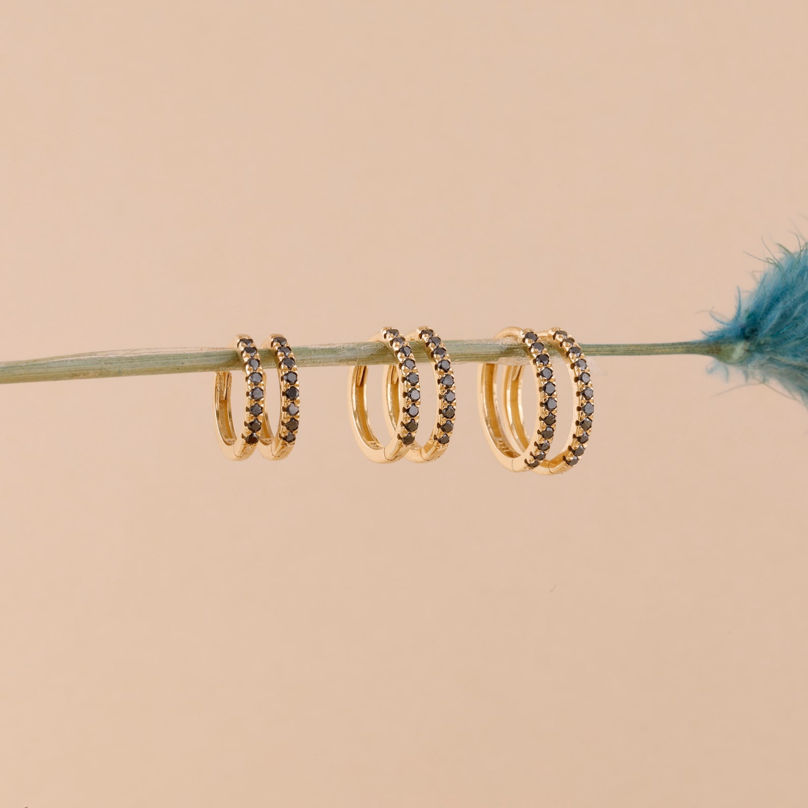 14k Black Diamond Huggies Solid Gold Mini Hoops Small - Etsy