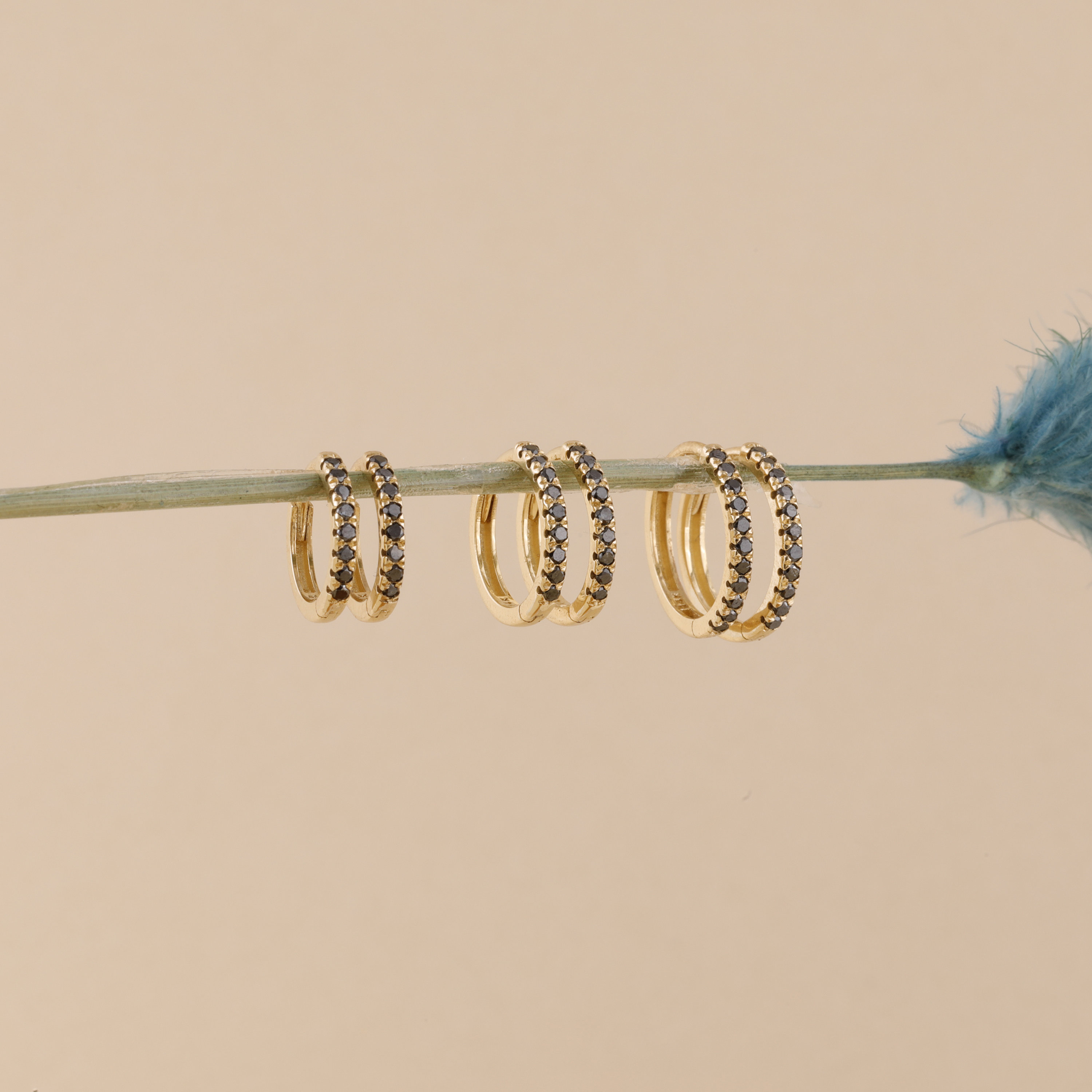 14k Black Diamond Huggies Solid Gold Mini Hoops Small - Etsy