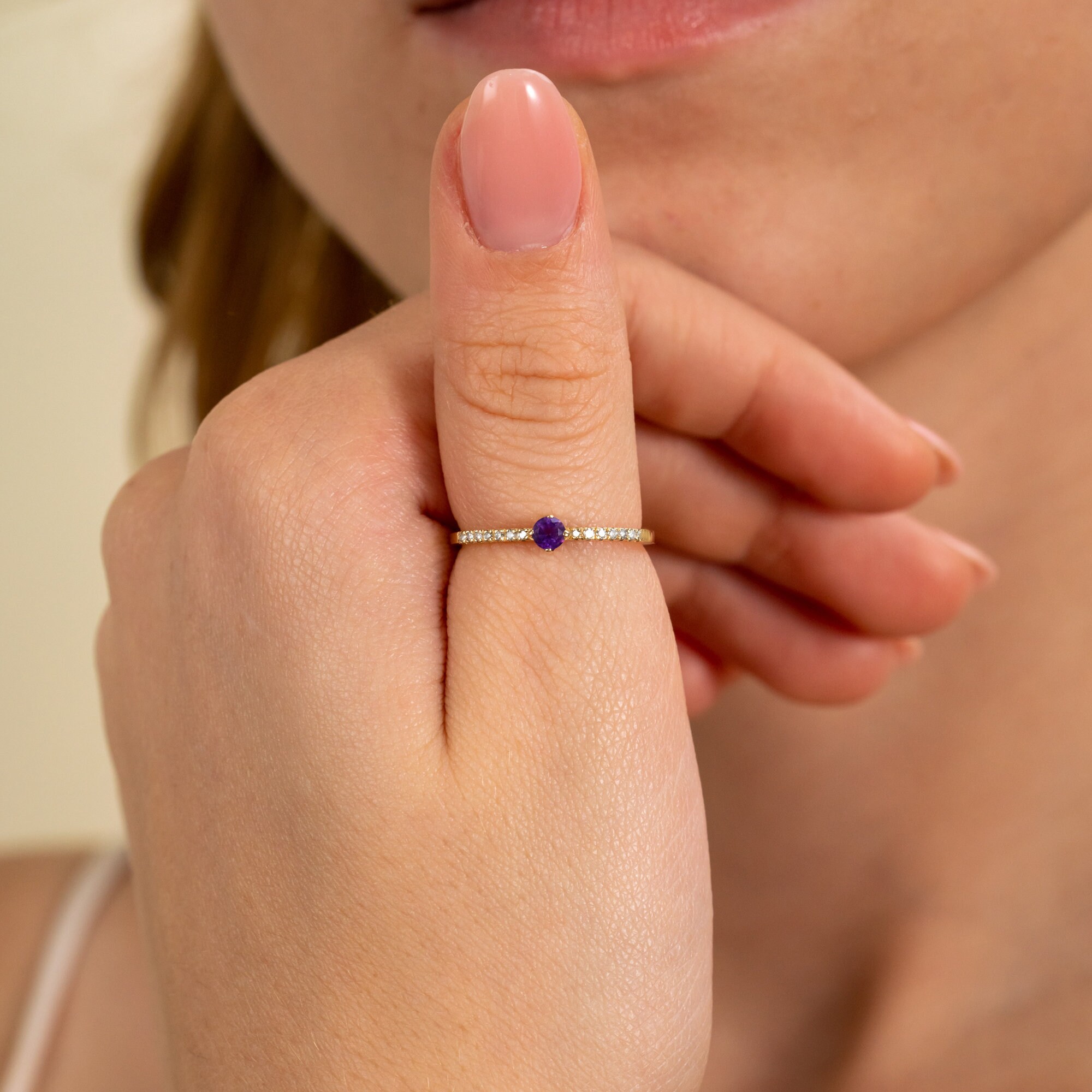 Amethyst Ring, Diamond Engagement Ring, Dainty Diamond Band, 14k / 18k ...