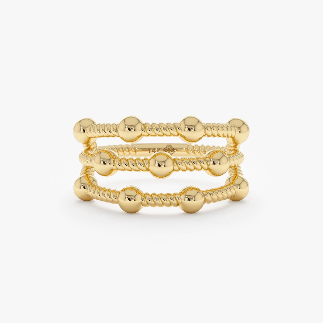 14k Gold Beaded Stack Station Ring, Solid Gold Triple Band Ring, Three ...