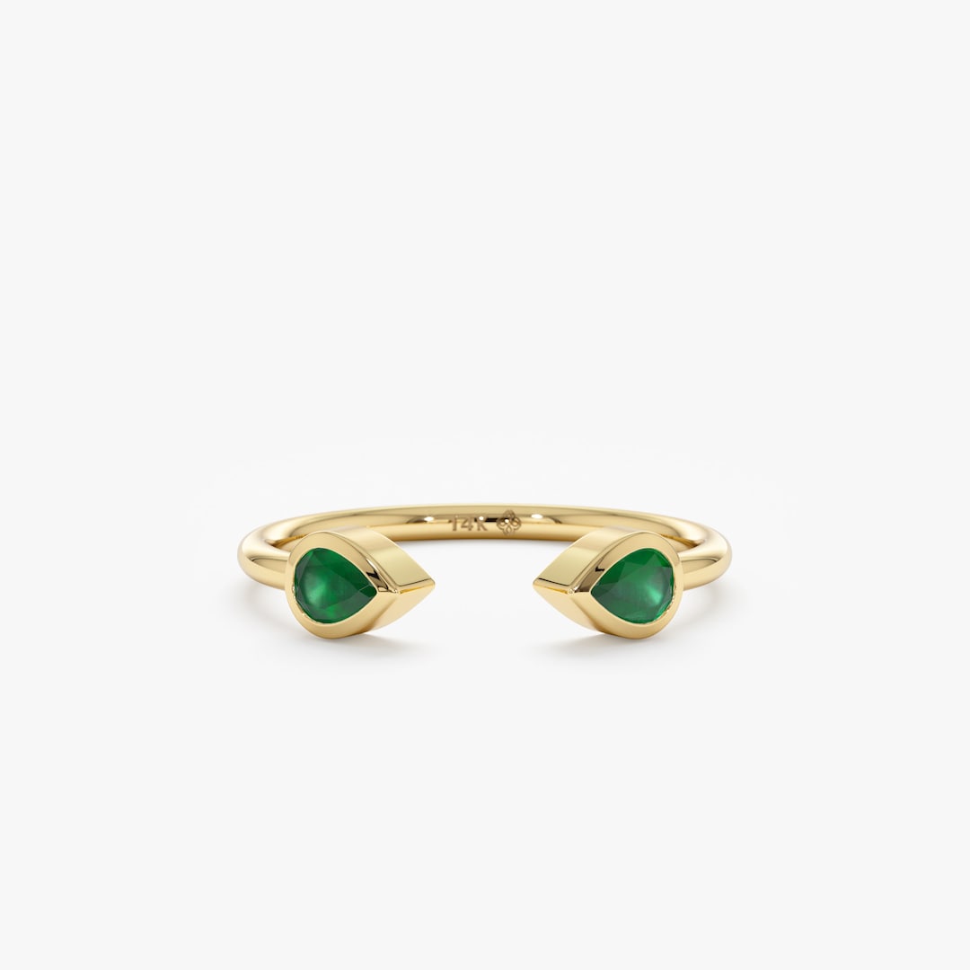 Solid Gold Emerald Cuff Ring, Pear Shape Emerald, Solitaire Drop Ring ...