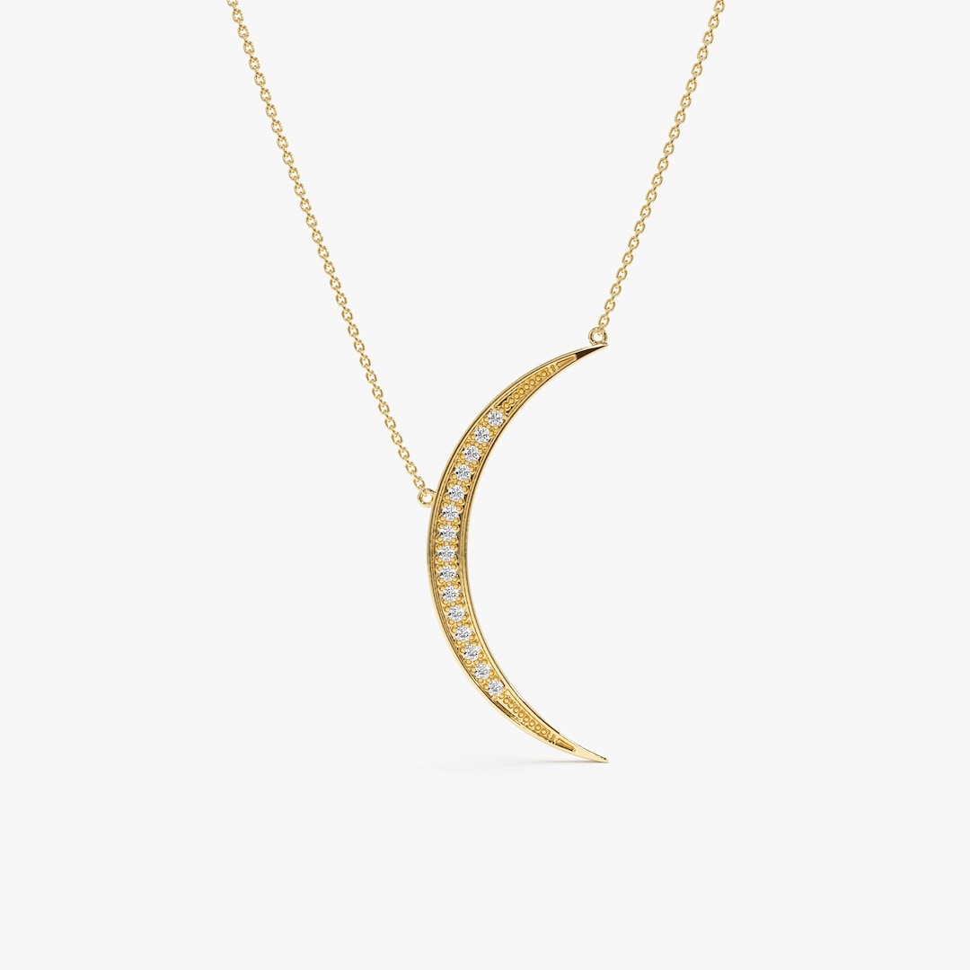 Diamond Crescent Moon Necklace, 14k Gold Large Pendant, Statement Piece ...