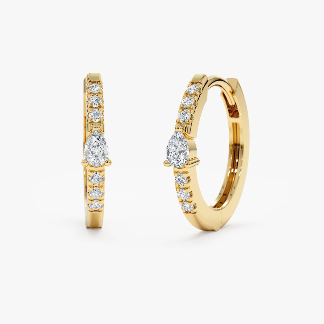 14k Solid Gold Diamond Huggies, Pear Diamond Hoops, 18k Small Diamond ...
