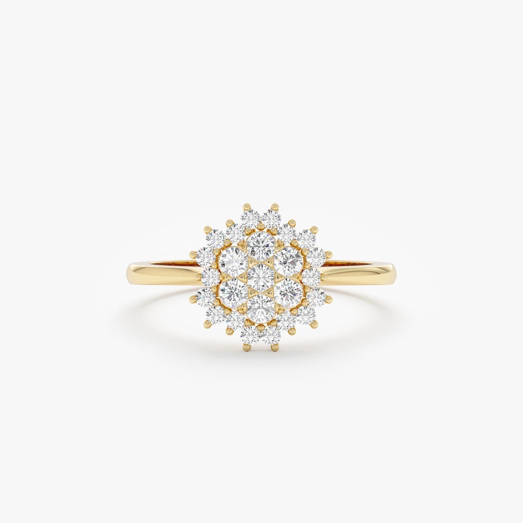 14k Diamond Starburst Engagement Ring, Natural White Diamond Halo ...