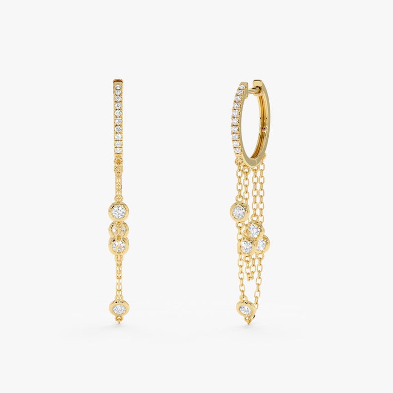 14k Diamond Chain Drop Huggies, Natural White Diamond Accents, Double ...