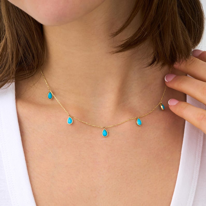 Turquoise Pear Cabochon Dangly Necklace, Delicate Fine Jewelry, Boho ...