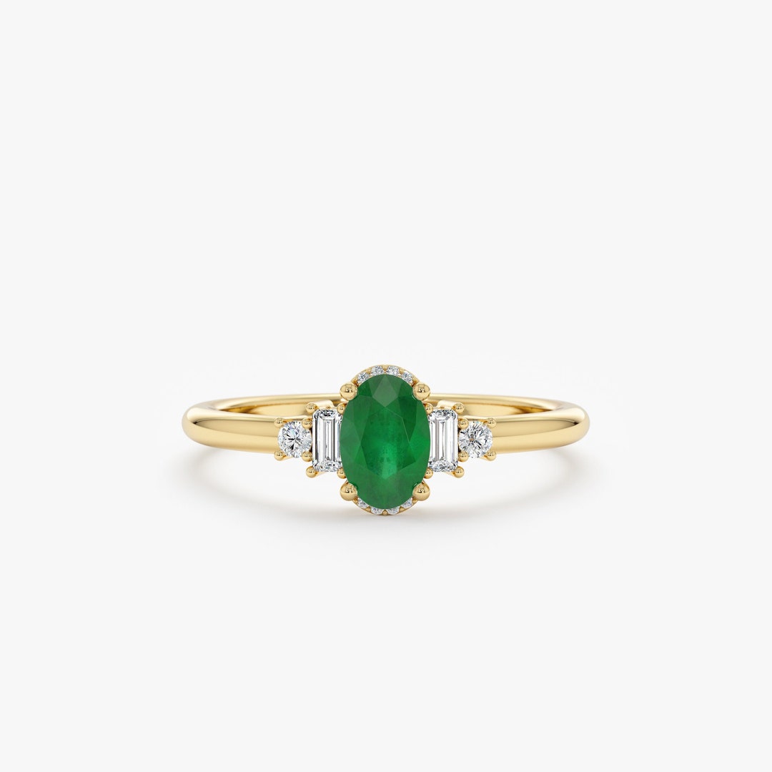 Emerald Diamond Engagement Ring, Natural Oval-cut Emerald Ring, 14k or ...