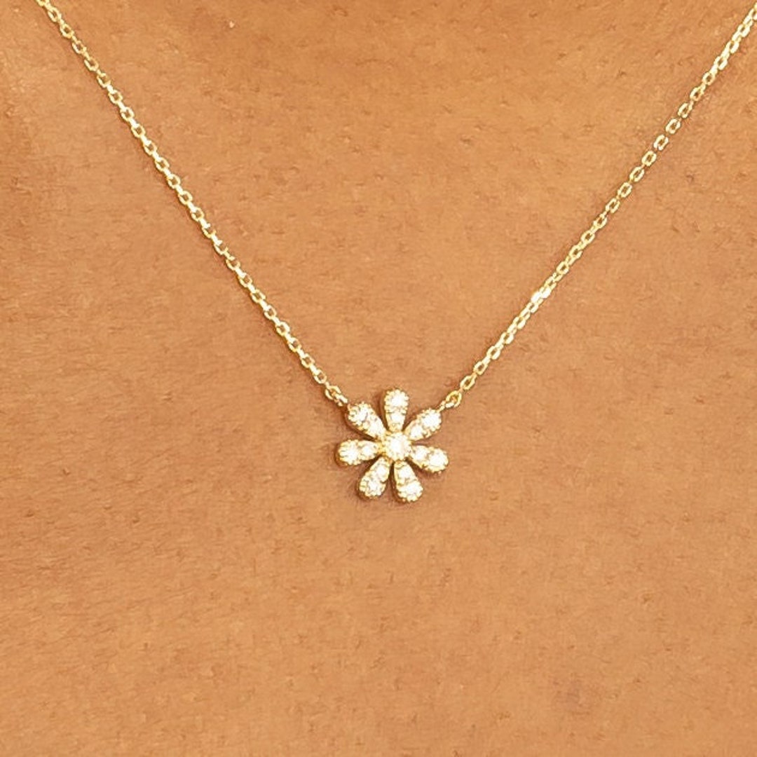 14k Diamond Daisy Flower Necklace Cute Diamond Charm - Etsy