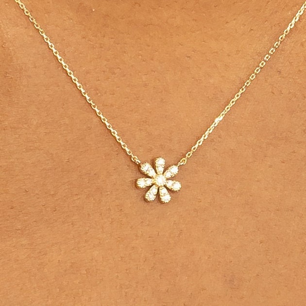 14k Diamond Daisy Flower Necklace Cute Diamond Charm - Etsy