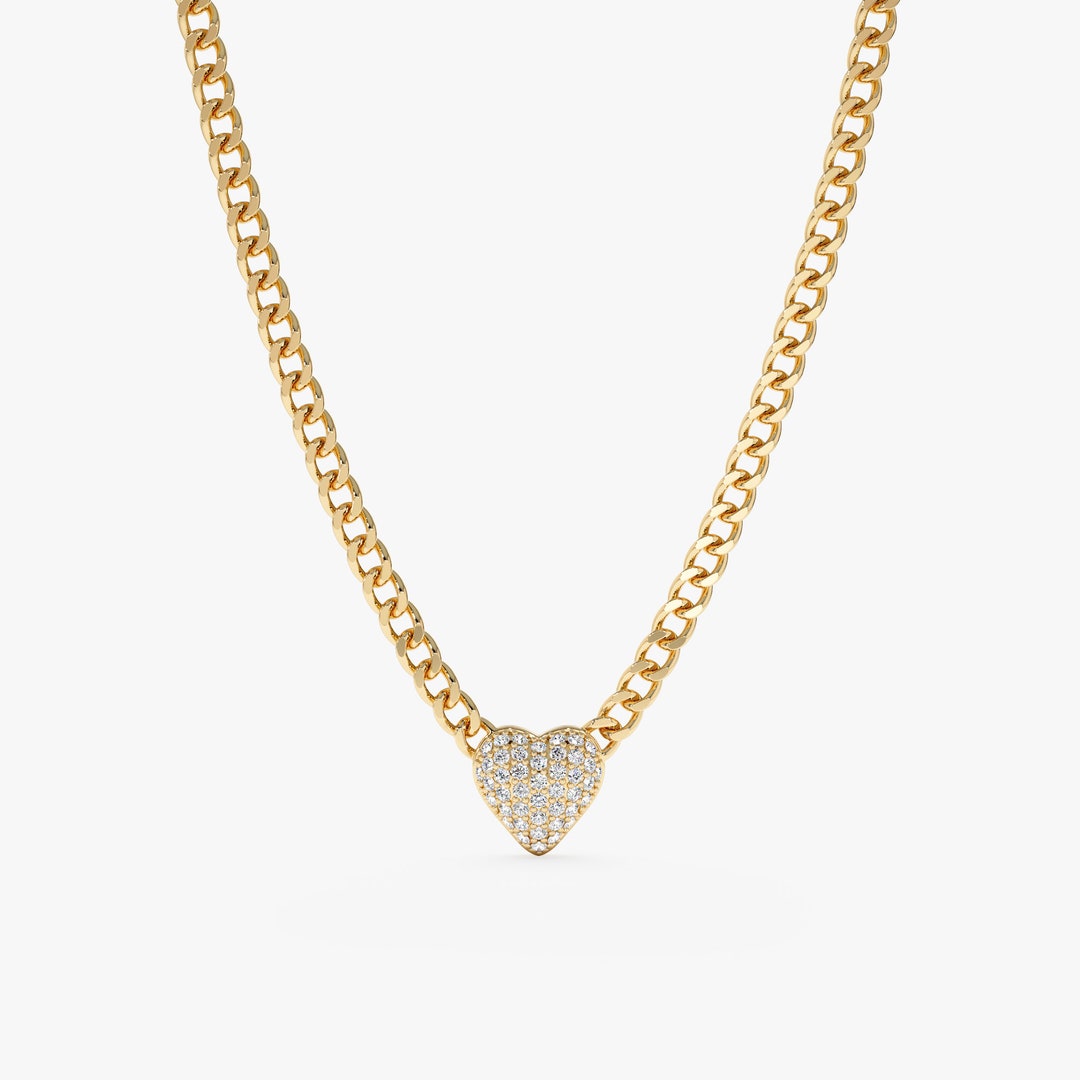 Diamond Puffed Heart Necklace, Cuban Chain Pave Charm, 14k Genuine Gold ...