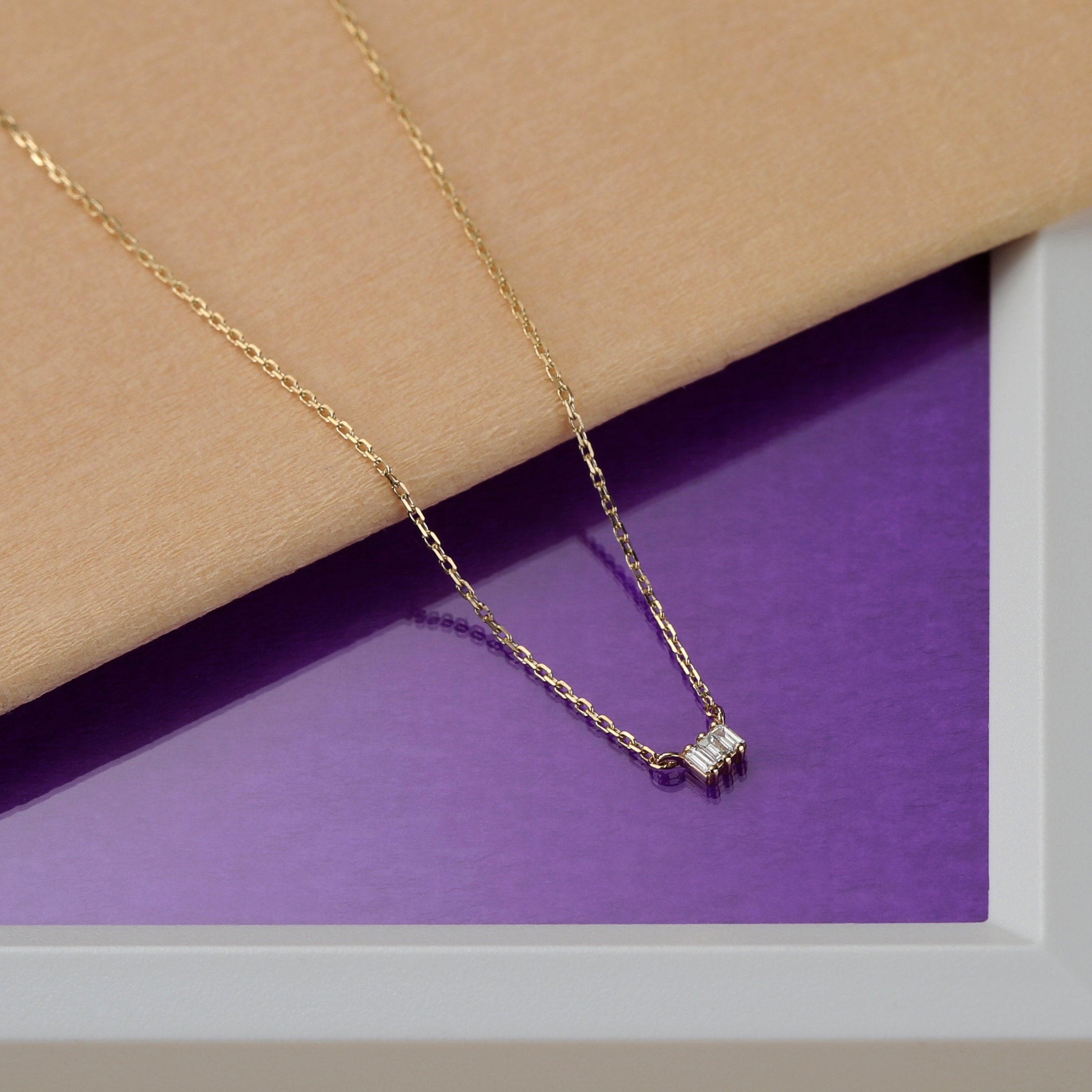 14k Gold Small Diamond Necklace Baguette Diamond Necklace - Etsy