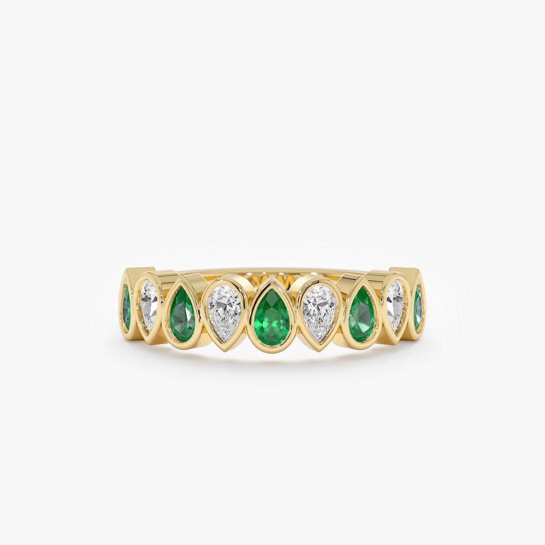 Up-down Lab Emerald and Lab Diamond Ring, Solid Gold Alternating ...