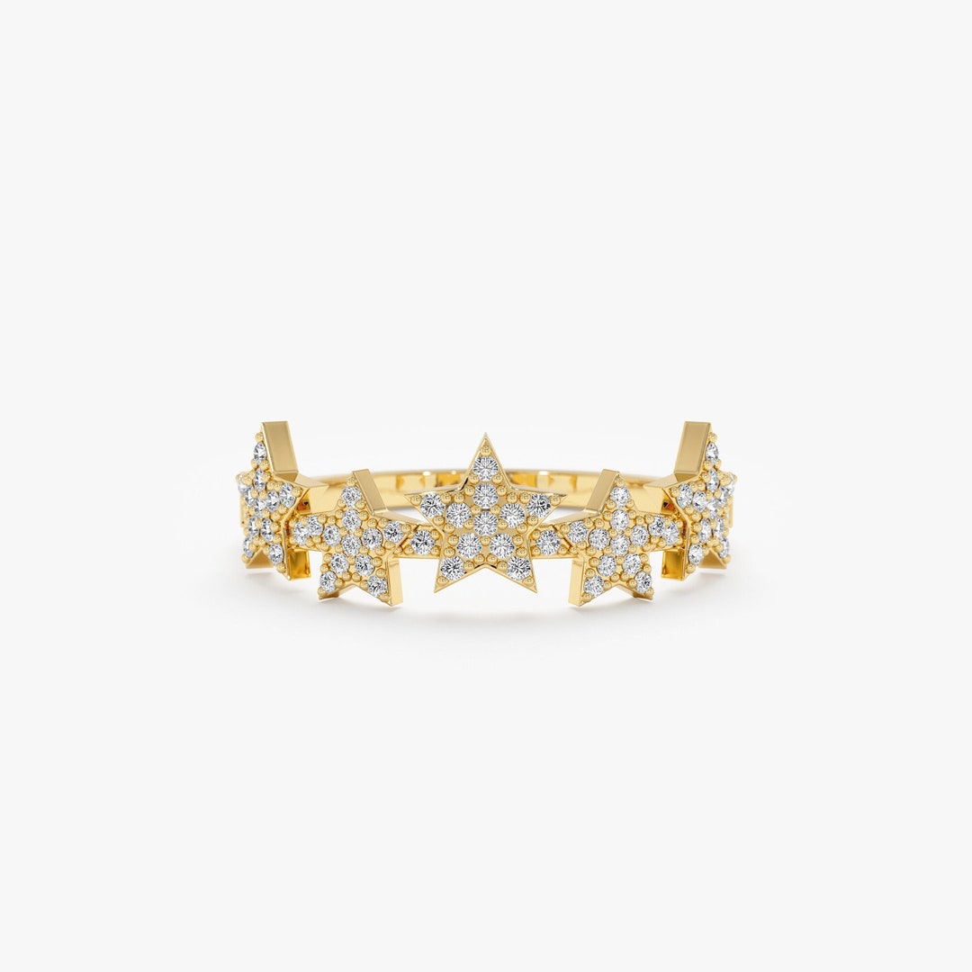 14k Gold Diamond Star Ring, Diamond Band With Stars, Stacking Ring ...