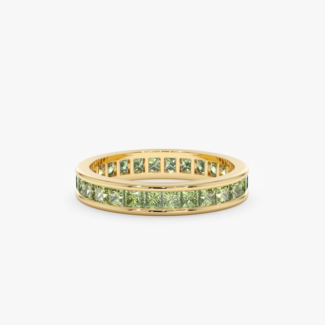 Solid Gold Peridot Eternity Ring, Princess Cut Gemstone, Stackable Ring ...
