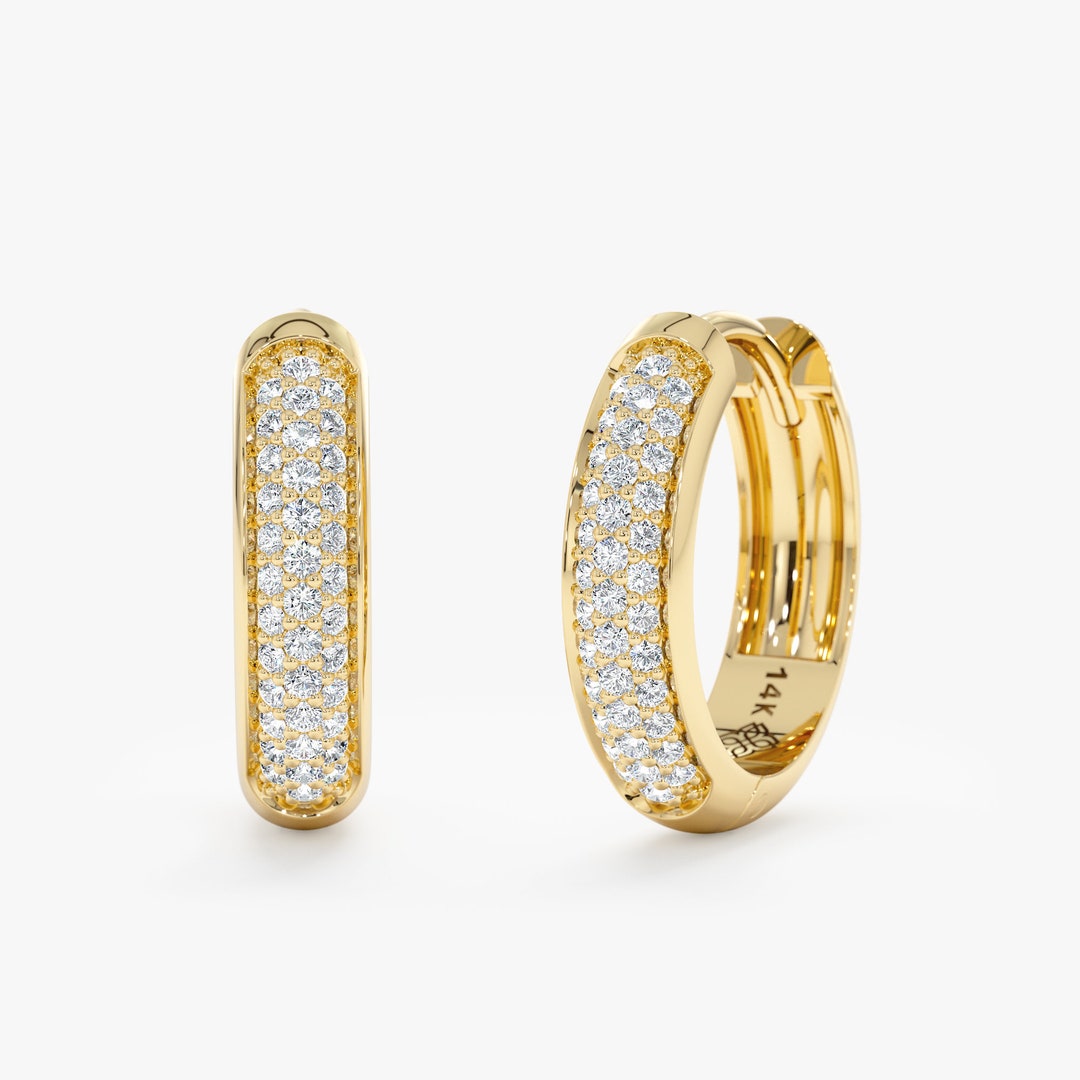 Diamond Huggies, 14k Solid Gold Pave Diamond Hoops, Rounded Dome Set Natural Diamond Earring ...