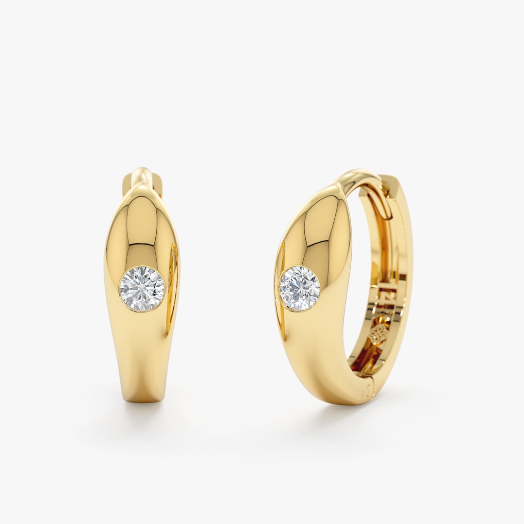14k Diamond Huggies, Minimalist Diamond Earrings, Small Hoops, Handmade ...