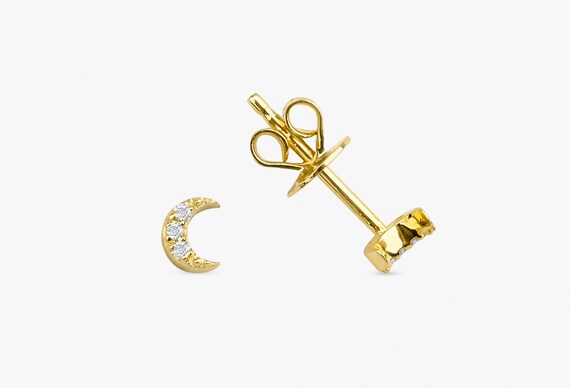 14k Diamond Mini Moon Studs Small Crescent Earrings Full - Etsy