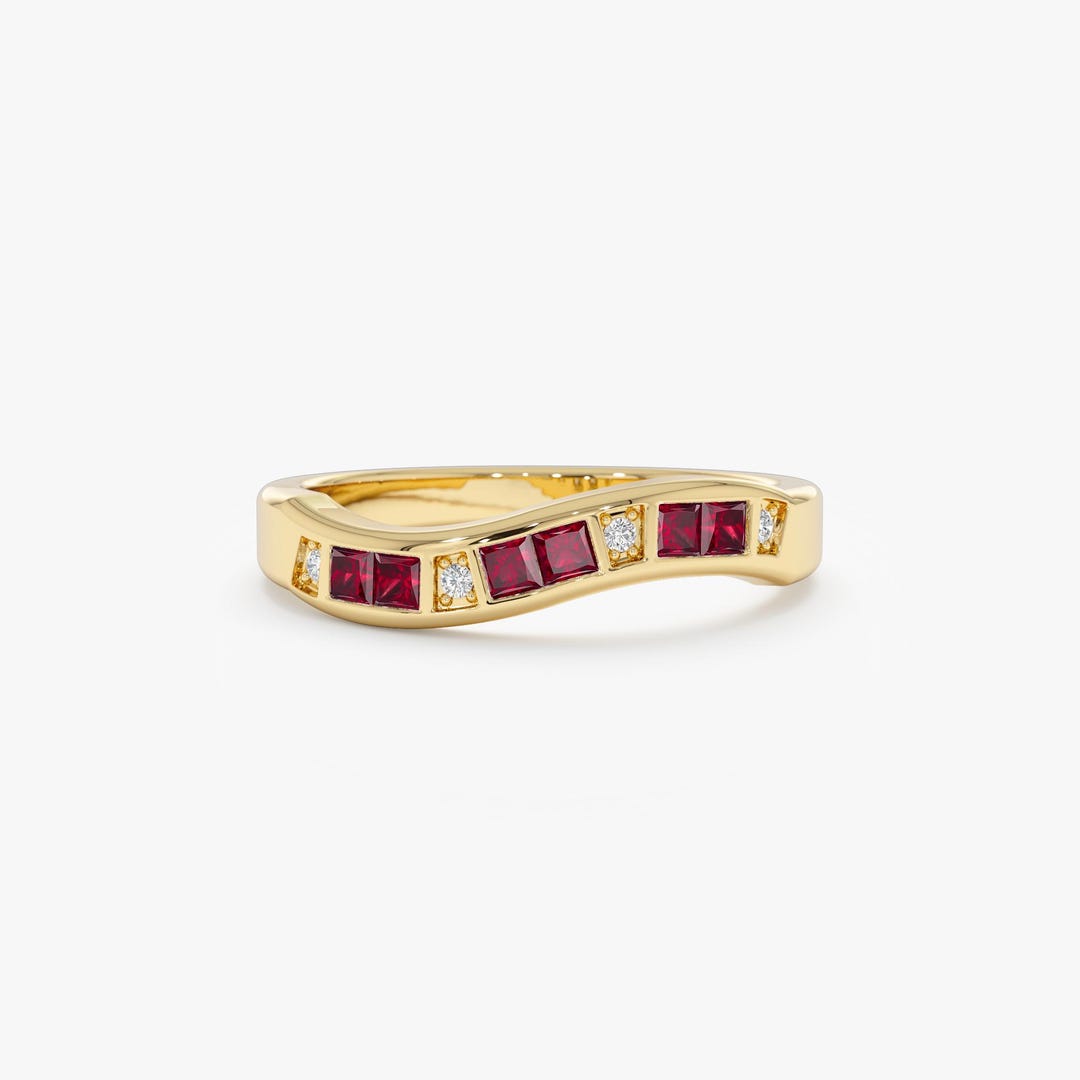 Wavy Ruby Stacking Ring, 10k 14k 18k Solid Gold, Princess-cut Rubies, Curved Band, Diamond ...