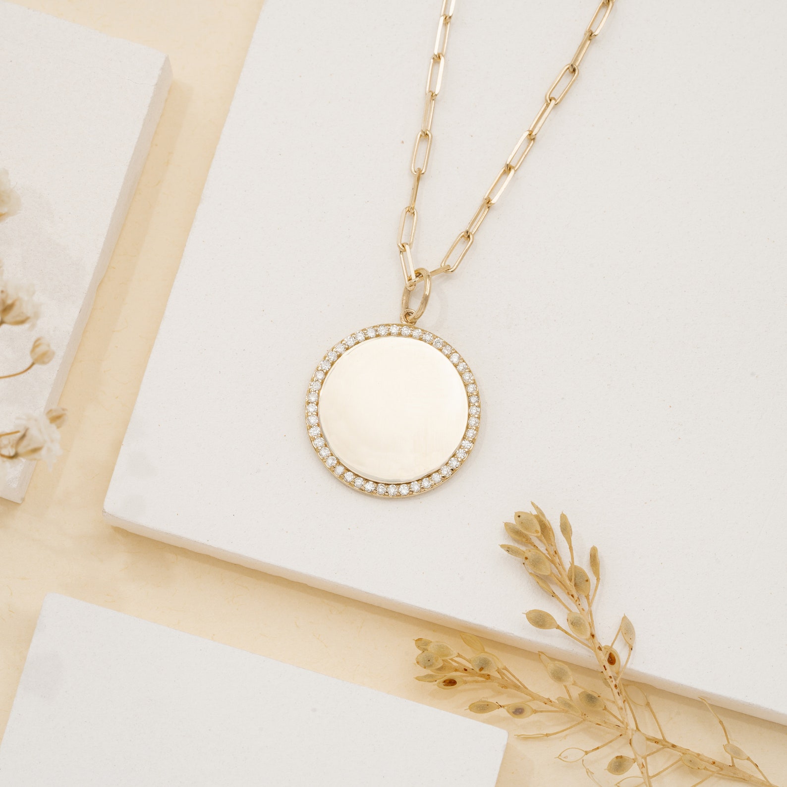 14k Solid Gold Disc Necklace Gold Medallion Diamond Coin - Etsy