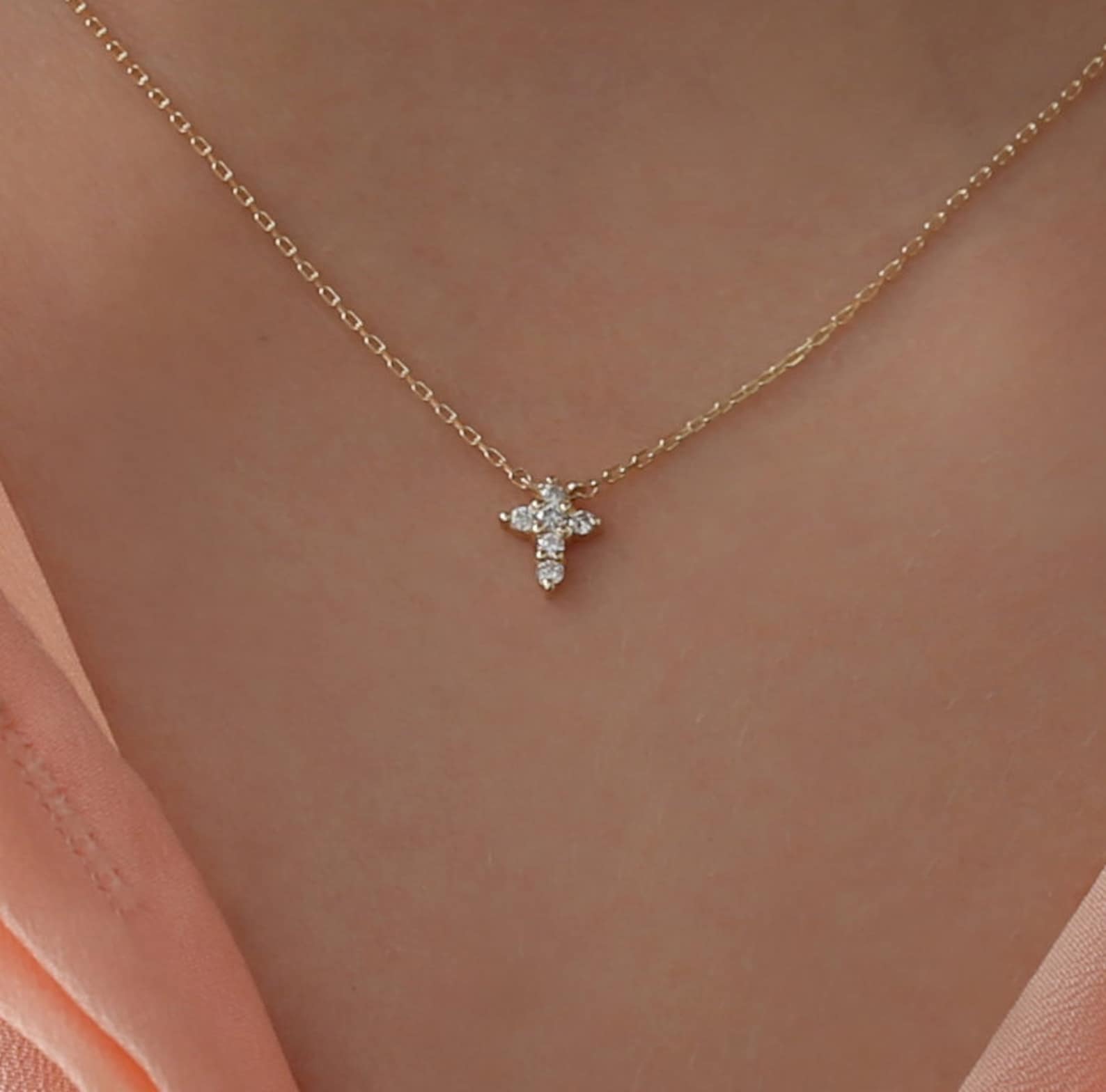 Tiny Diamond Cross Necklace Solid Gold Cross Charm Small - Etsy