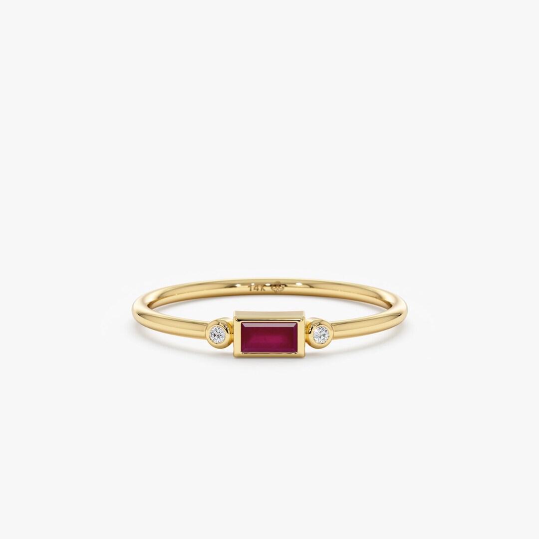 Ruby Baguette Diamond Bezel Ring, Dainty Diamond Ring, Ruby and ...