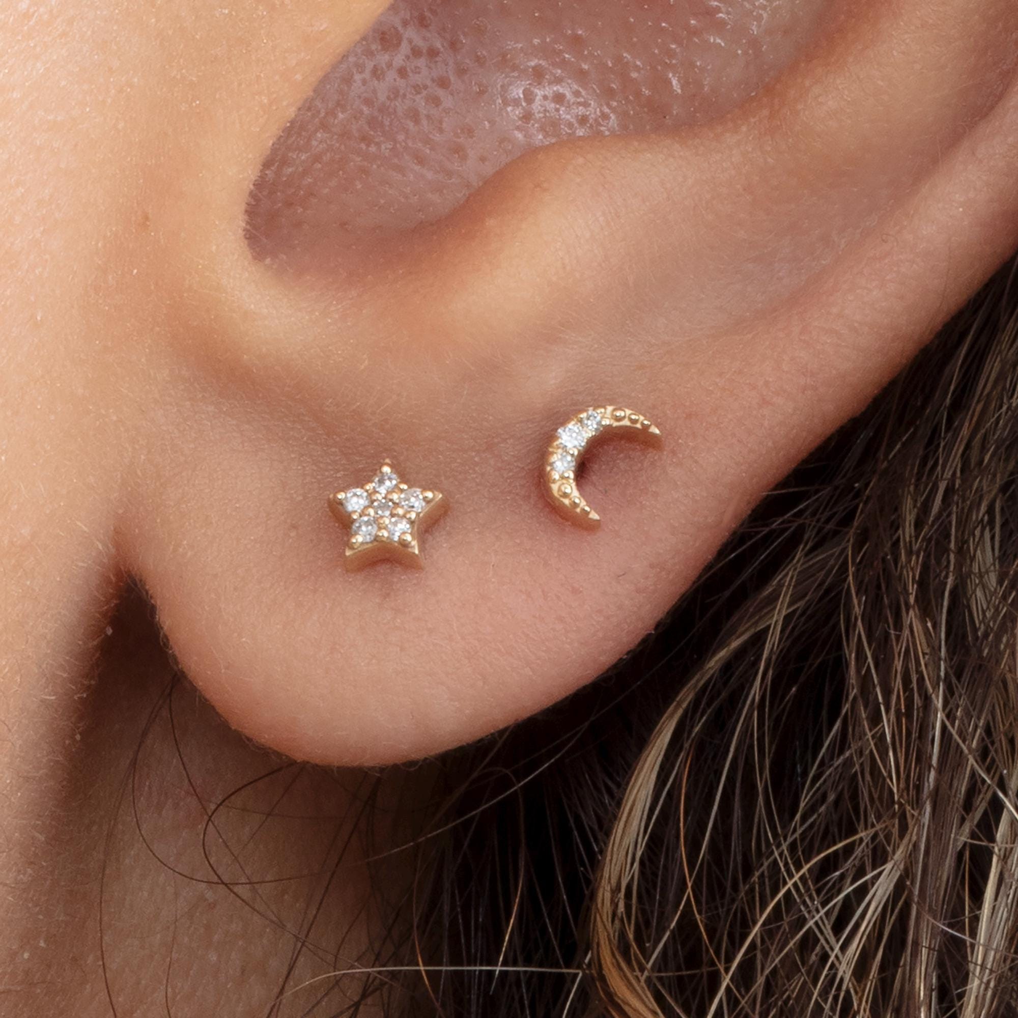 Diamond Moon and Star Stud Earrings, Mini Crescent Stud, Small Star ...