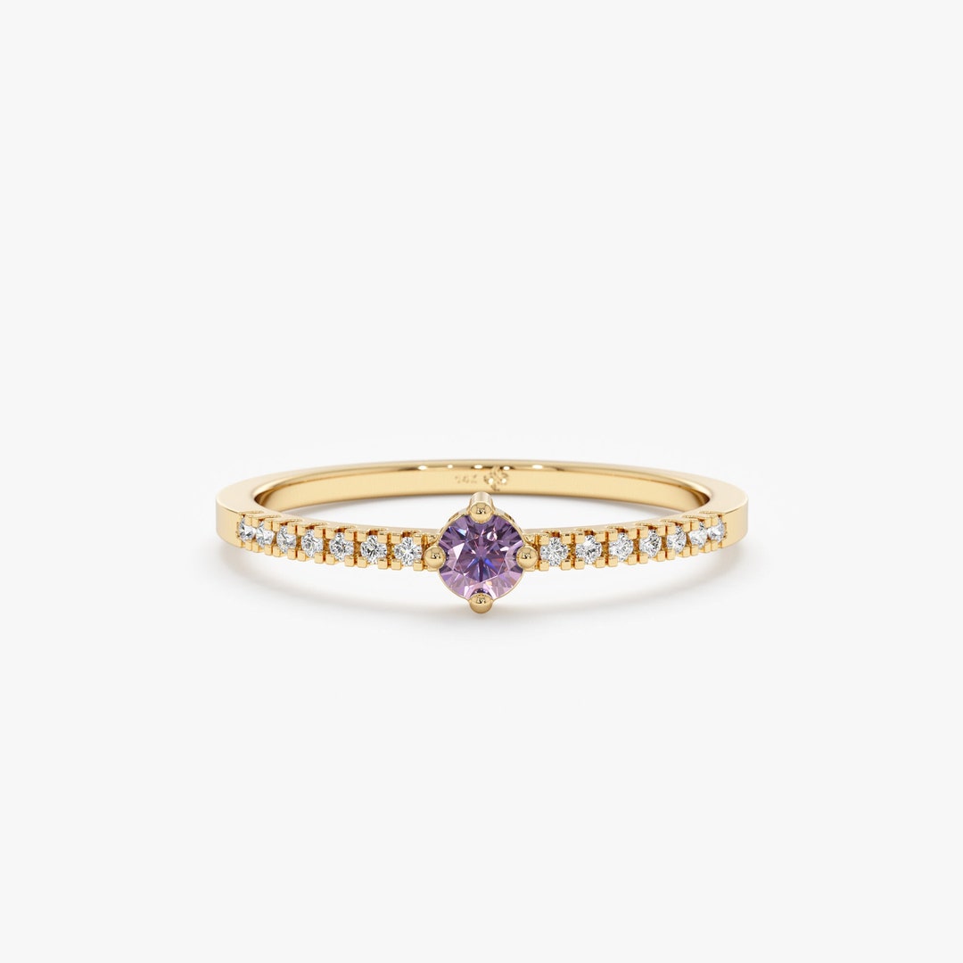 Amethyst Ring, Diamond Engagement Ring, Dainty Diamond Band, 14k / 18k ...