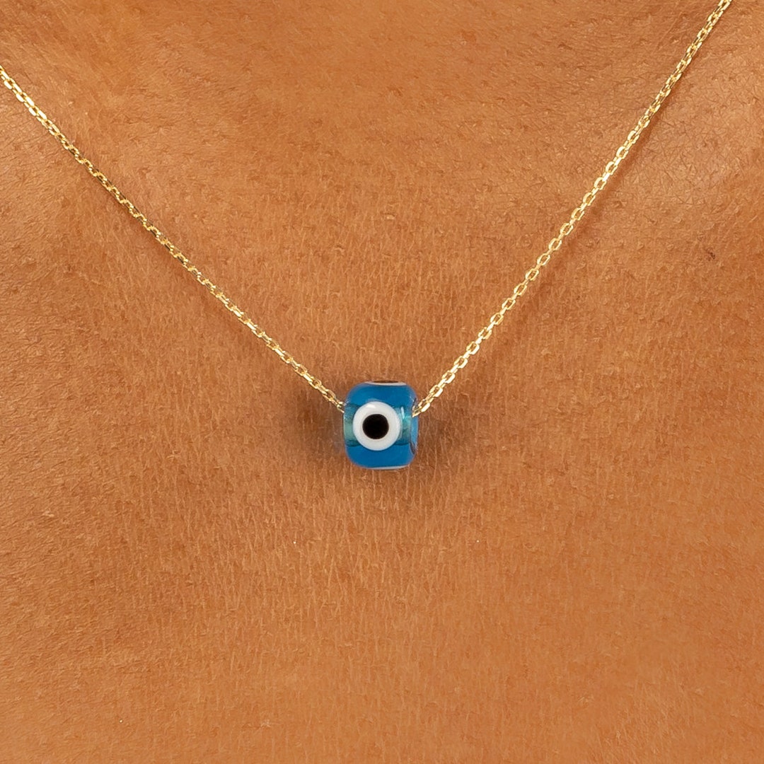 14k Solid Gold Chain Evil Eye Necklace, Handmade Glass Pendant, Lucky ...