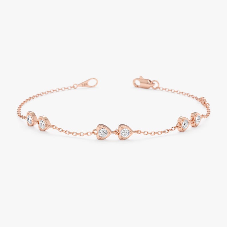 Heart Shape Diamond Bracelet, Solid Gold and Lab Grown Diamond, Gift ...