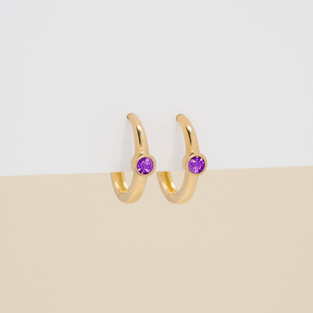 14k Solid Gold Amethyst Earrings, Small Huggie Earrings With Gemstone ...