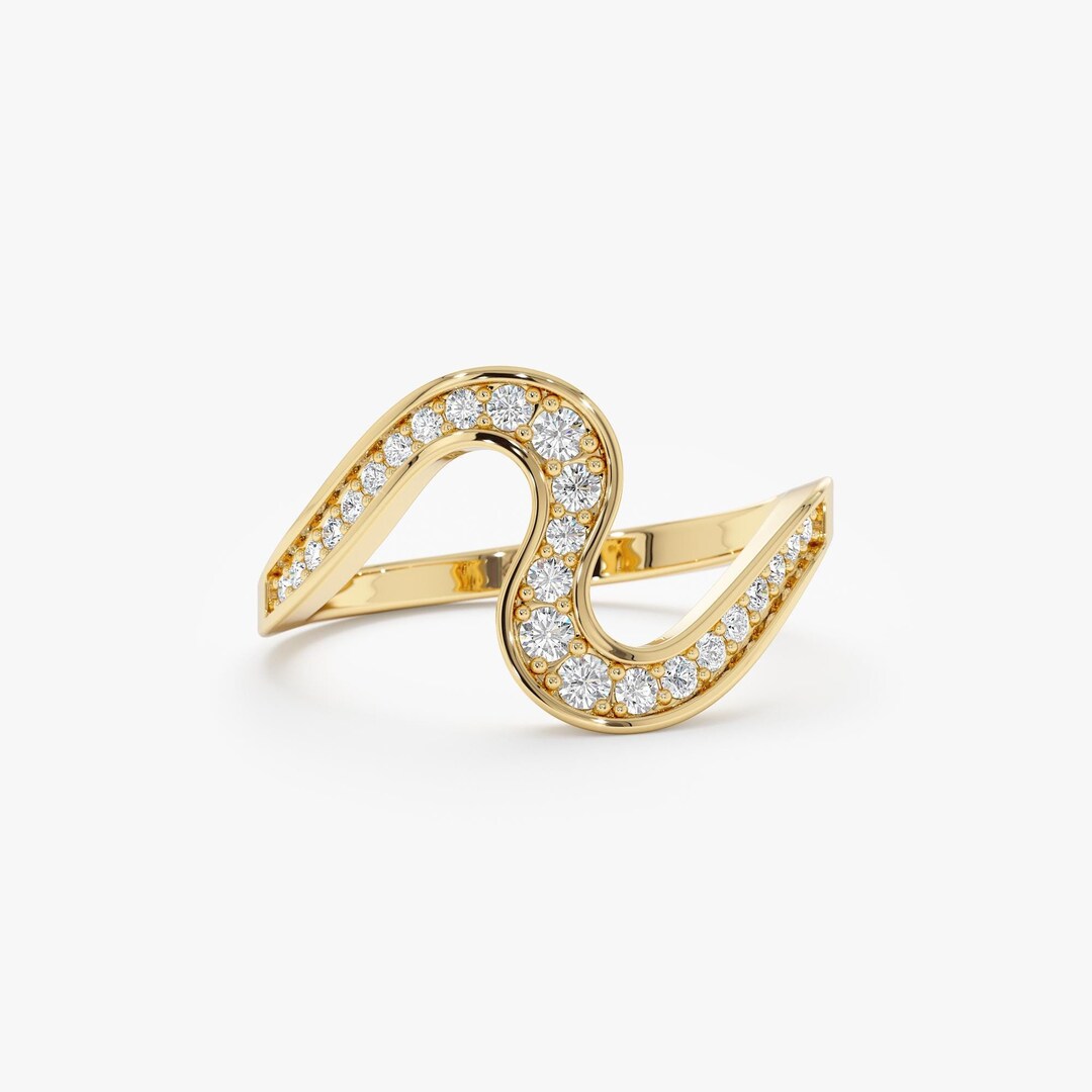 14k Solid Gold Natural Diamond Wave Ring, Tapered Curve Ring, Graduated Diamonds, Wavy Ring ...