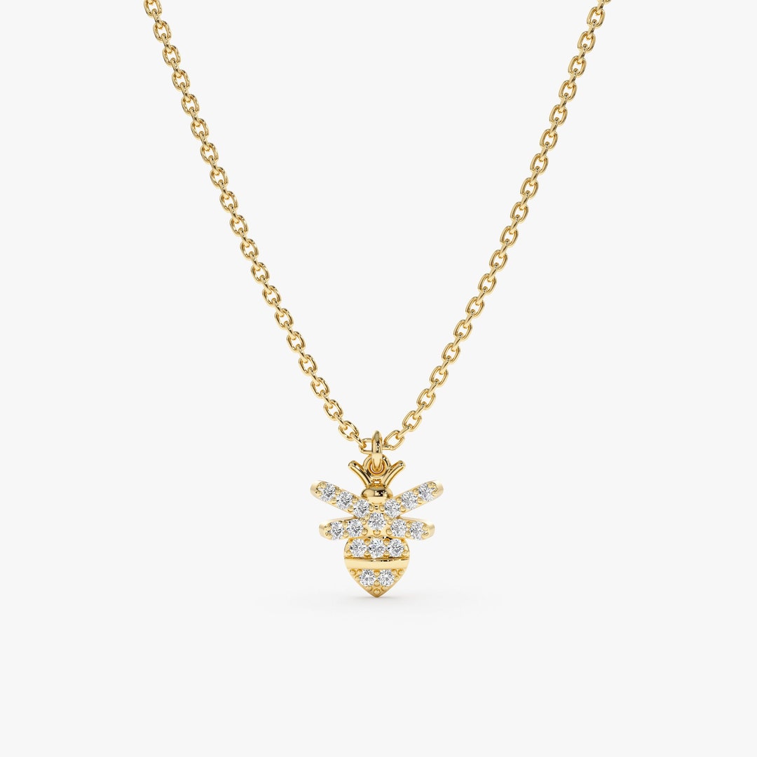 14k Gold Diamond Bee Necklace, Solid Gold Charm Necklace, Bumble Bee ...
