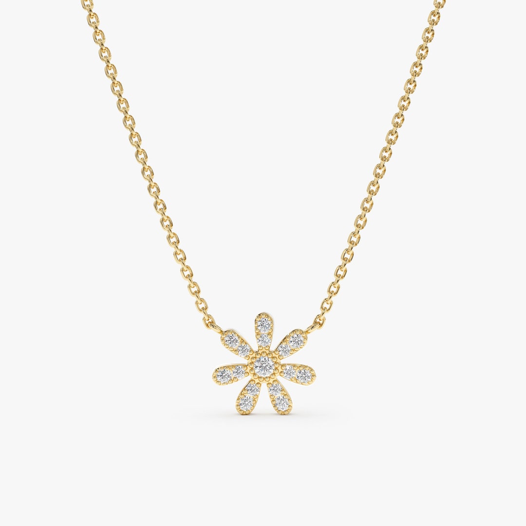 14k Diamond Daisy Flower Necklace, Cute Diamond Charm Necklace, Diamond ...