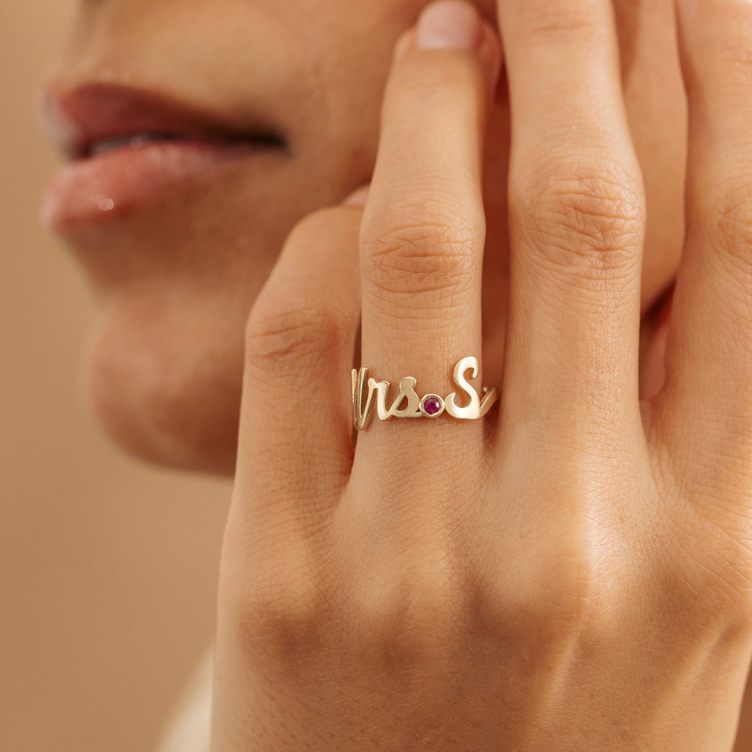 14k Solid Gold Initial Ring, Mrs.title Ring, Last Name Initial Ring ...