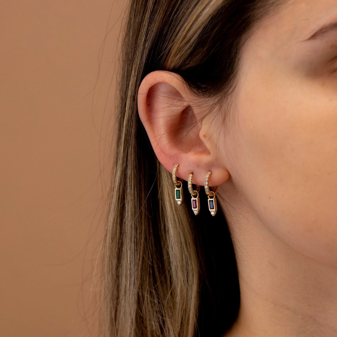 14k Gemstone Earring Charm, Emerald, Ruby, Blue Sapphire Charm, Cute ...