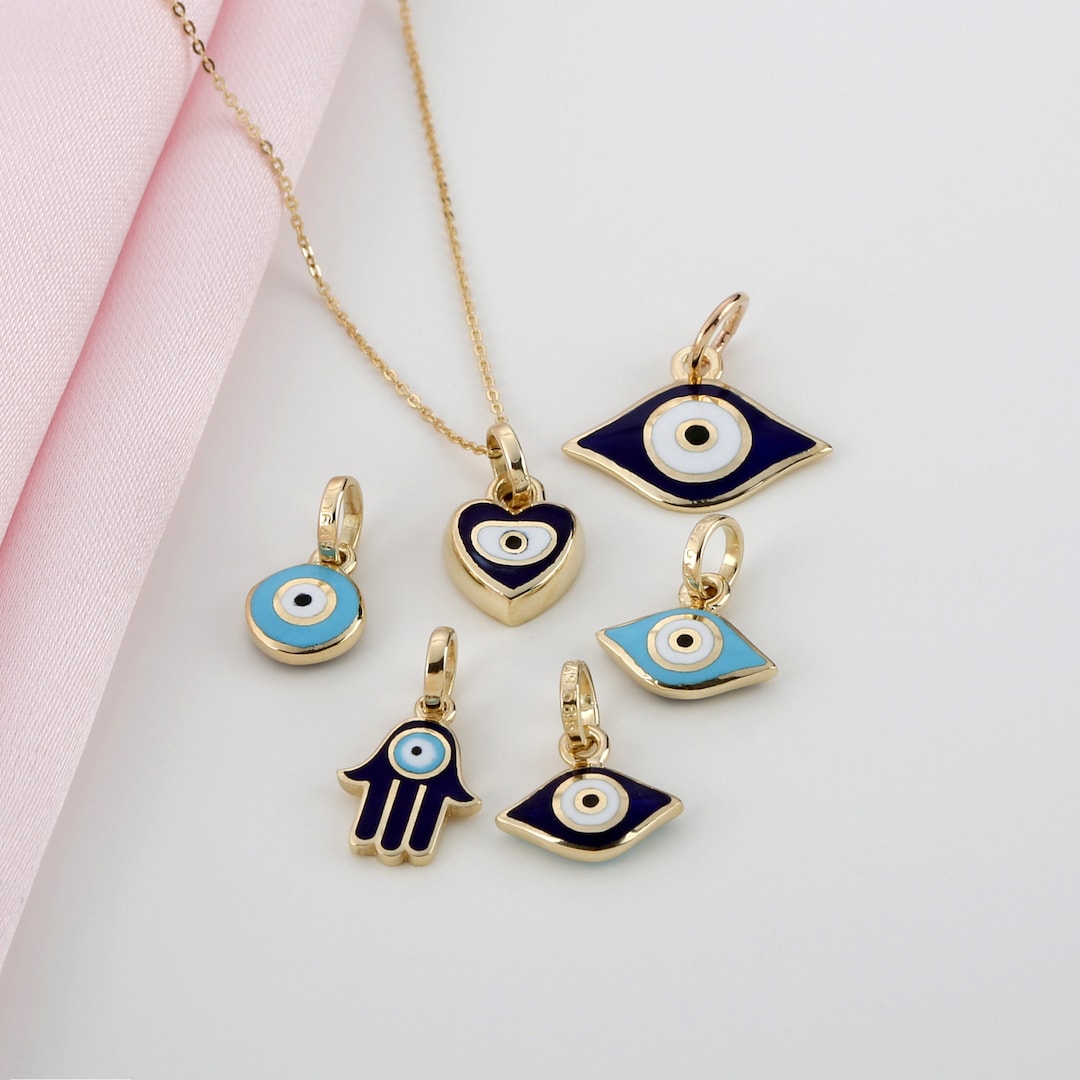 14K Gold Evil Eye Charm, Lucky Eye Necklace Charm, Enamel Evil Eye ...