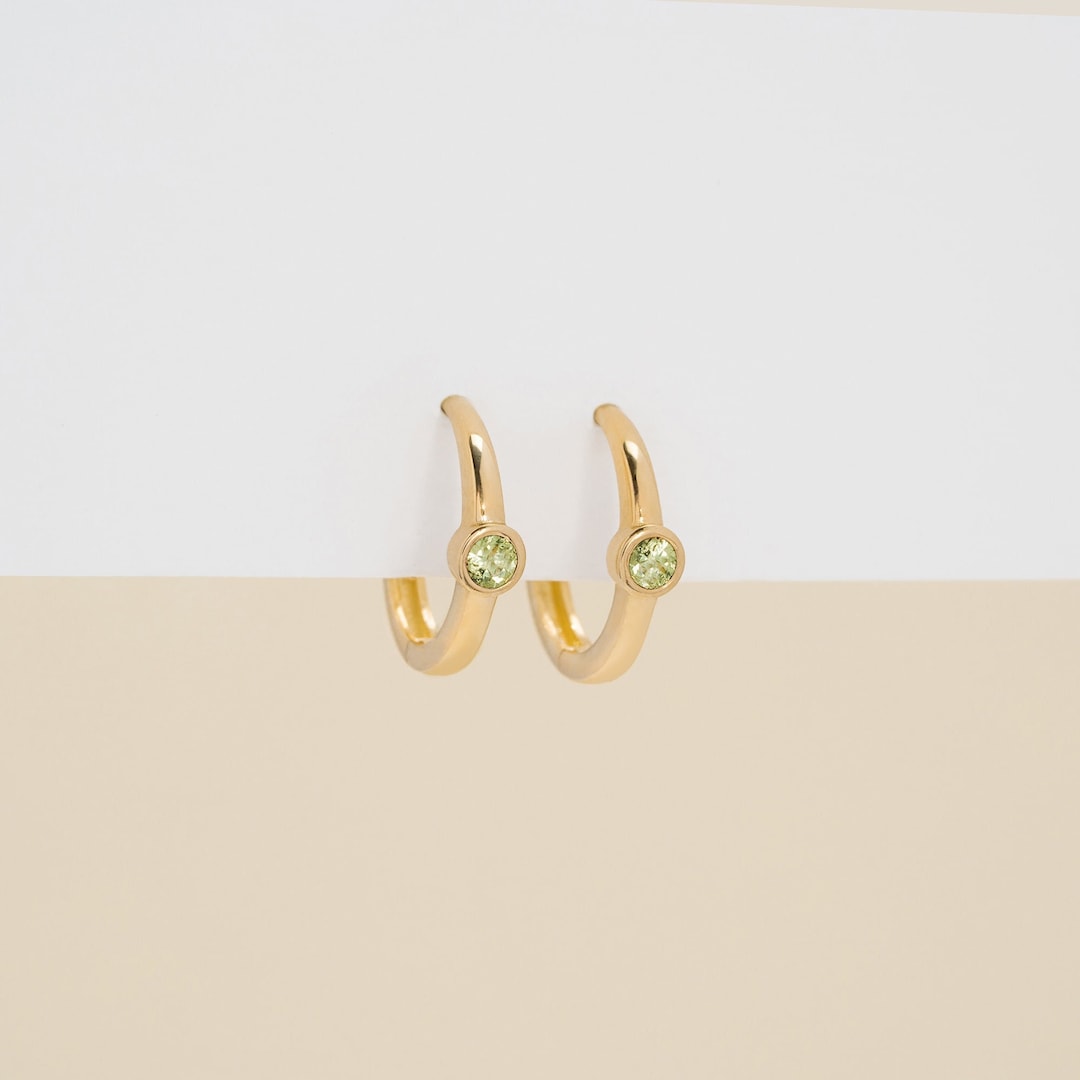 Solid Gold Huggies, Peridot Hoop Earrings, Small Huggy Earrings, 14k ...