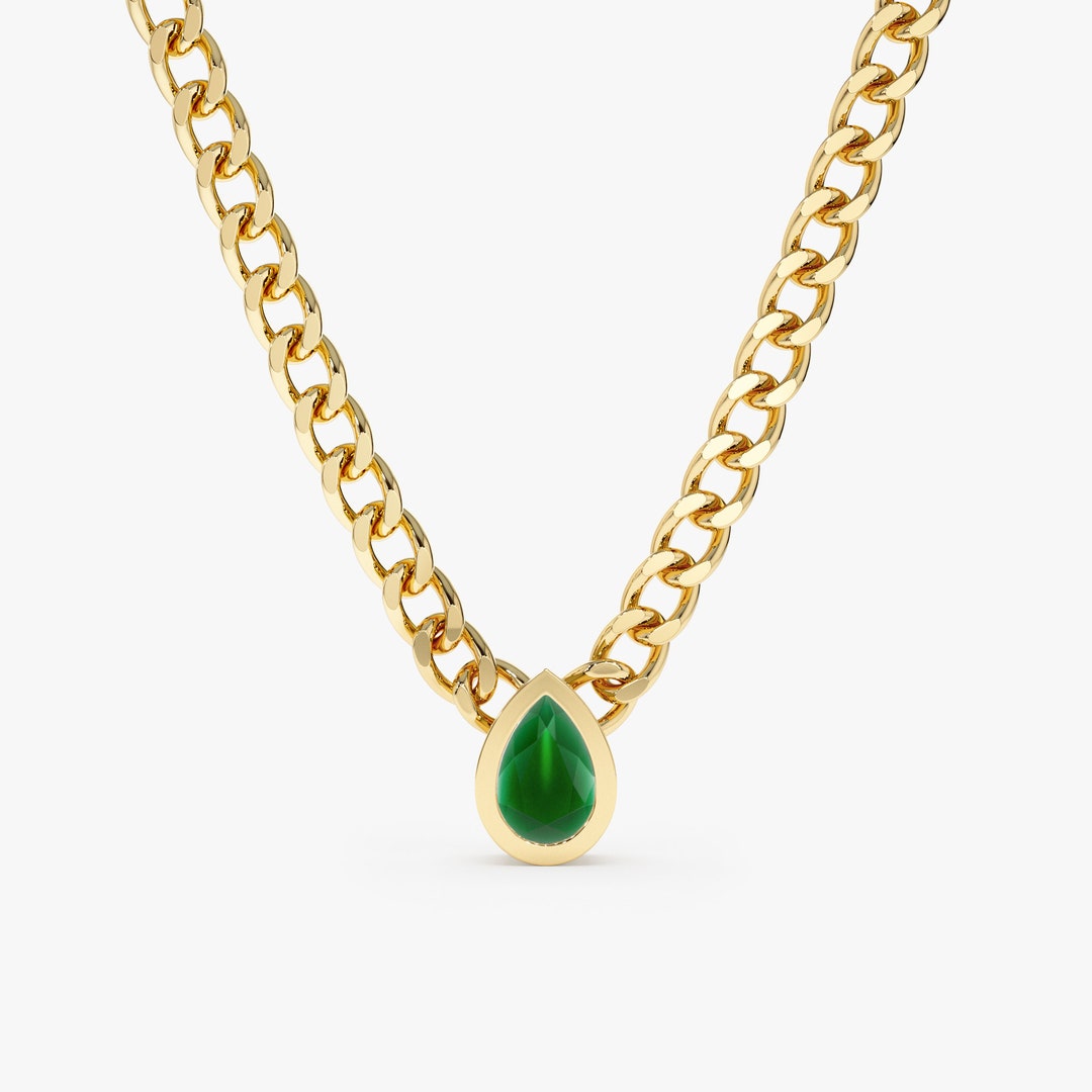 14k Gold Emerald Necklace, Cuban Chain Choker, Trendy Curb Link Design ...