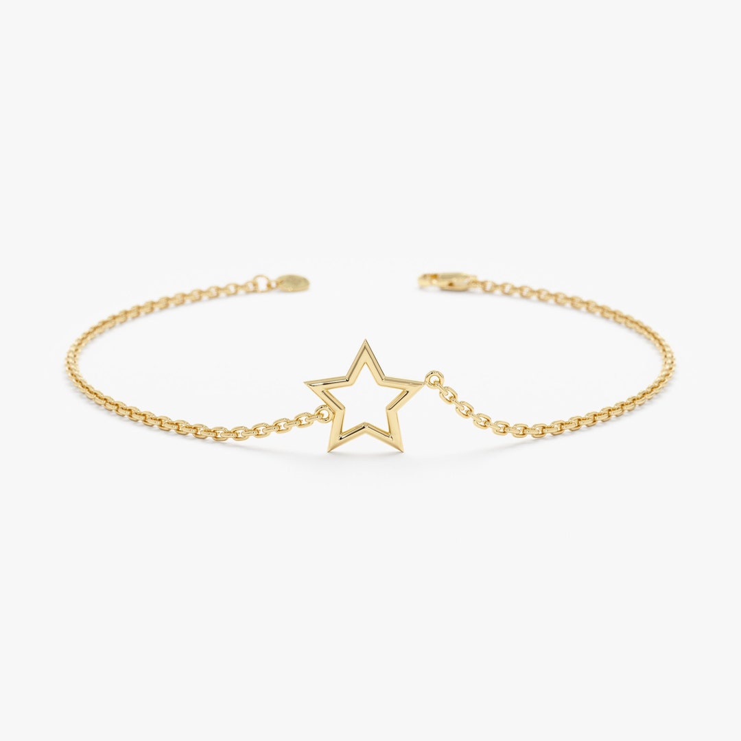 14K Solid Gold Star Bracelet, Celestial Bracelet, Star Charm Bracelet ...