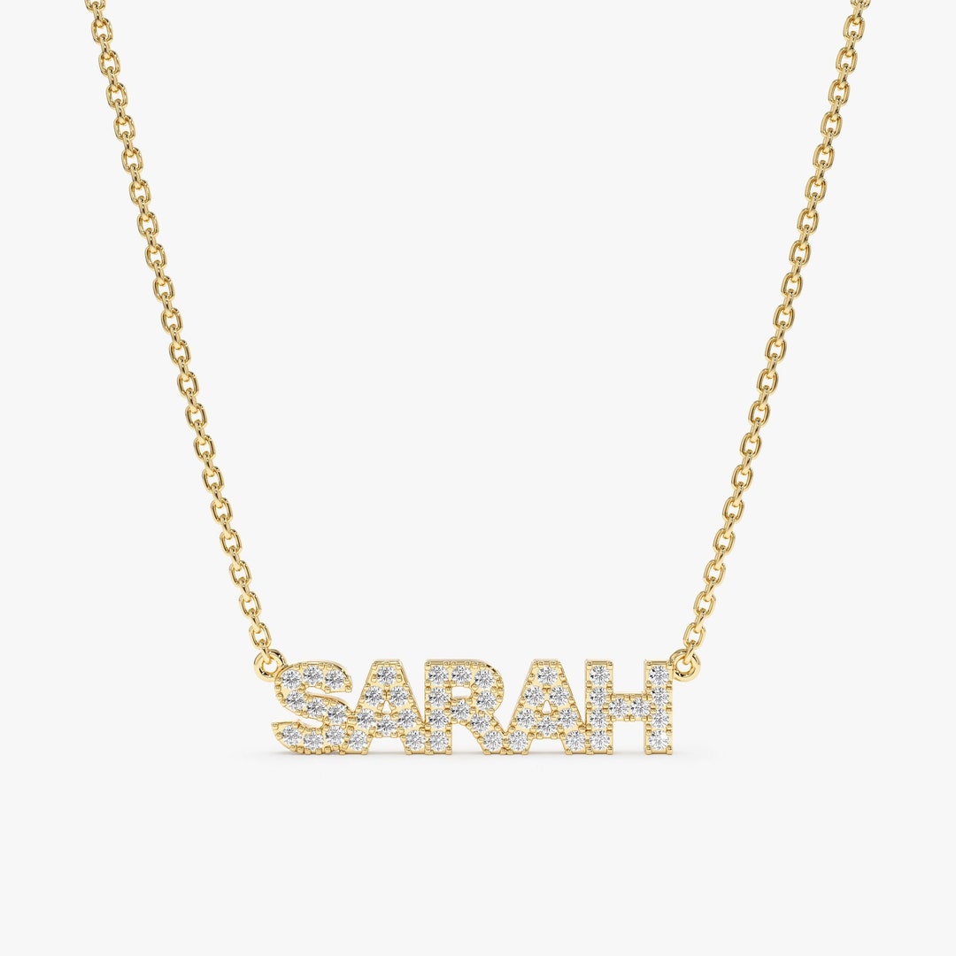 Diamond Name Necklace, Small Diamond Block Name Necklace, 14k Dainty ...