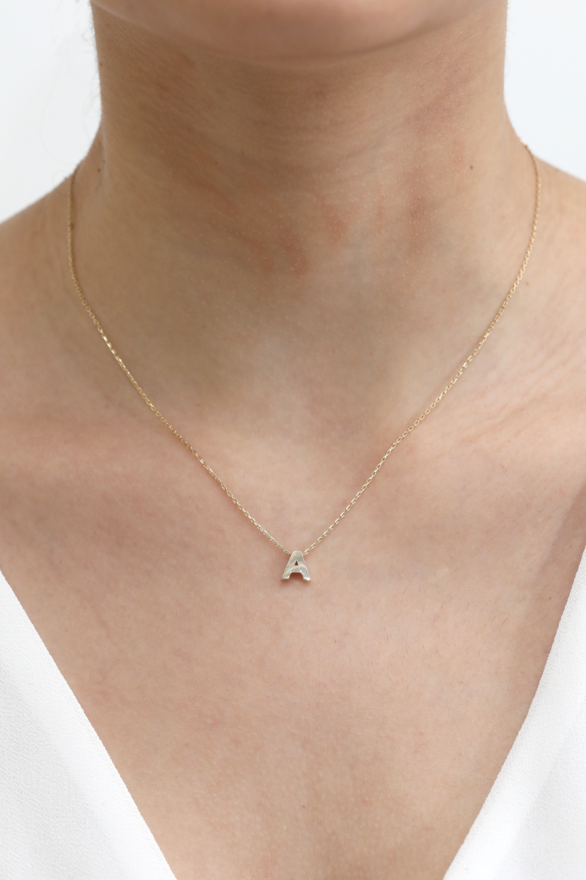 14k Solid Gold Initial Necklace Dainty Initial Necklace | Etsy