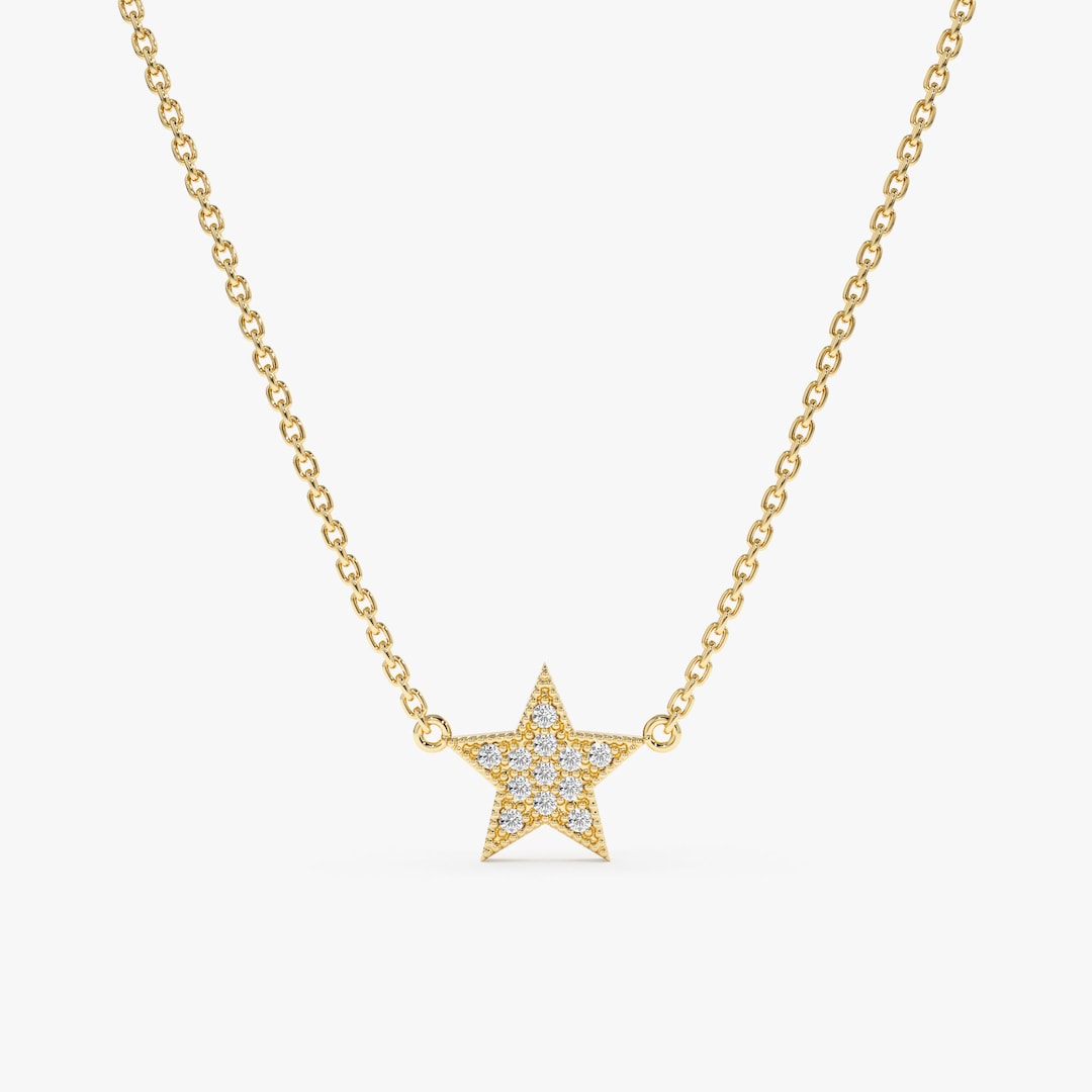 14k Solid Gold Diamond Star Necklace, 9mm Gold Star, White Natural ...