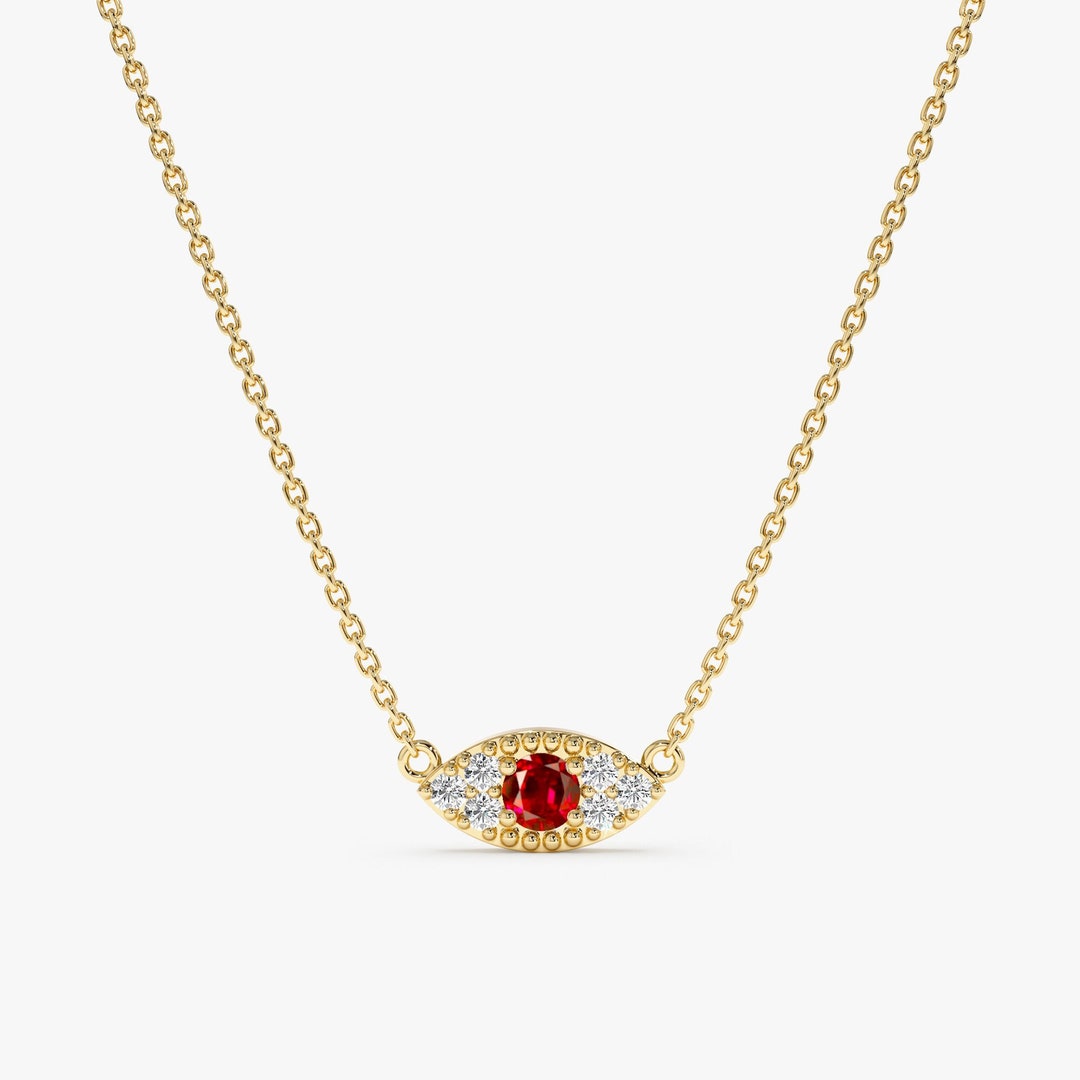 Ruby and Diamond Mini Evil Eye Necklace, Luck Charm, 14K White, Yellow ...