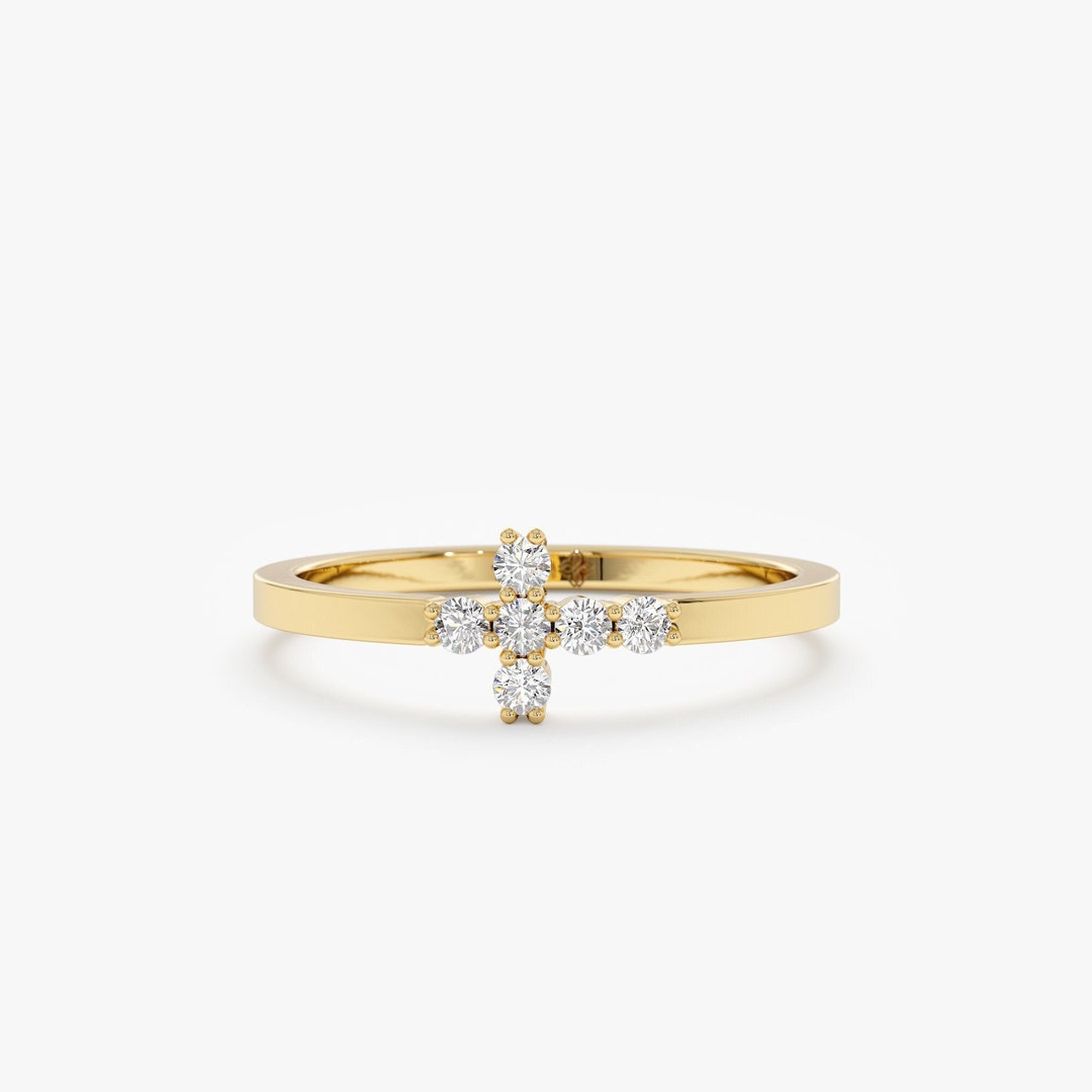 14k Diamond Cross Ring, Prong Set Cross Jewelry, Dainty Petite Fine ...