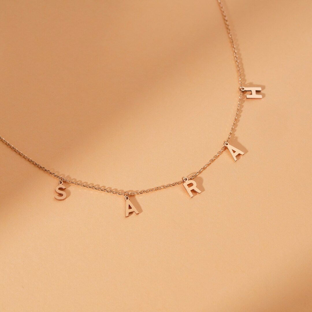 Solid Gold Name Necklace, 14k Dainty Dangling Initials on a Silky Gold ...