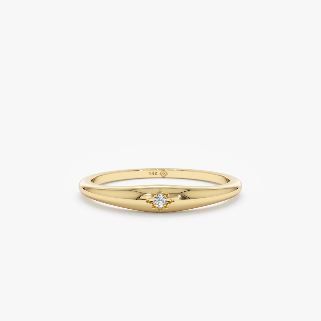 Minimalist Diamond Ring, Dainty 14k Solid Gold Band, Thin Dome Diamond ...