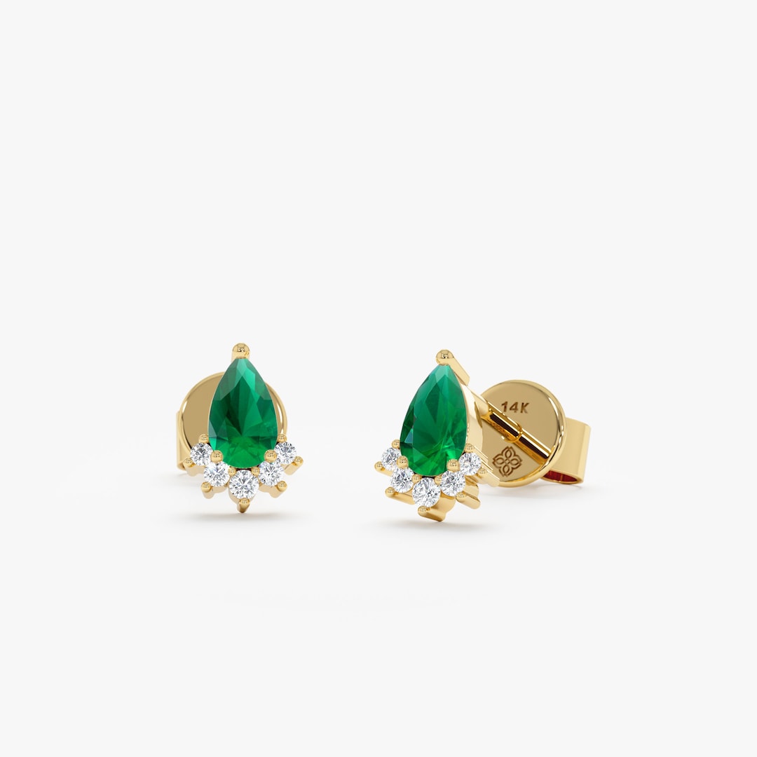 Pear Shape Emerald and Round Diamond Cluster Stud Earrings, 14k or 18k Solid Gold, Classic Fine ...