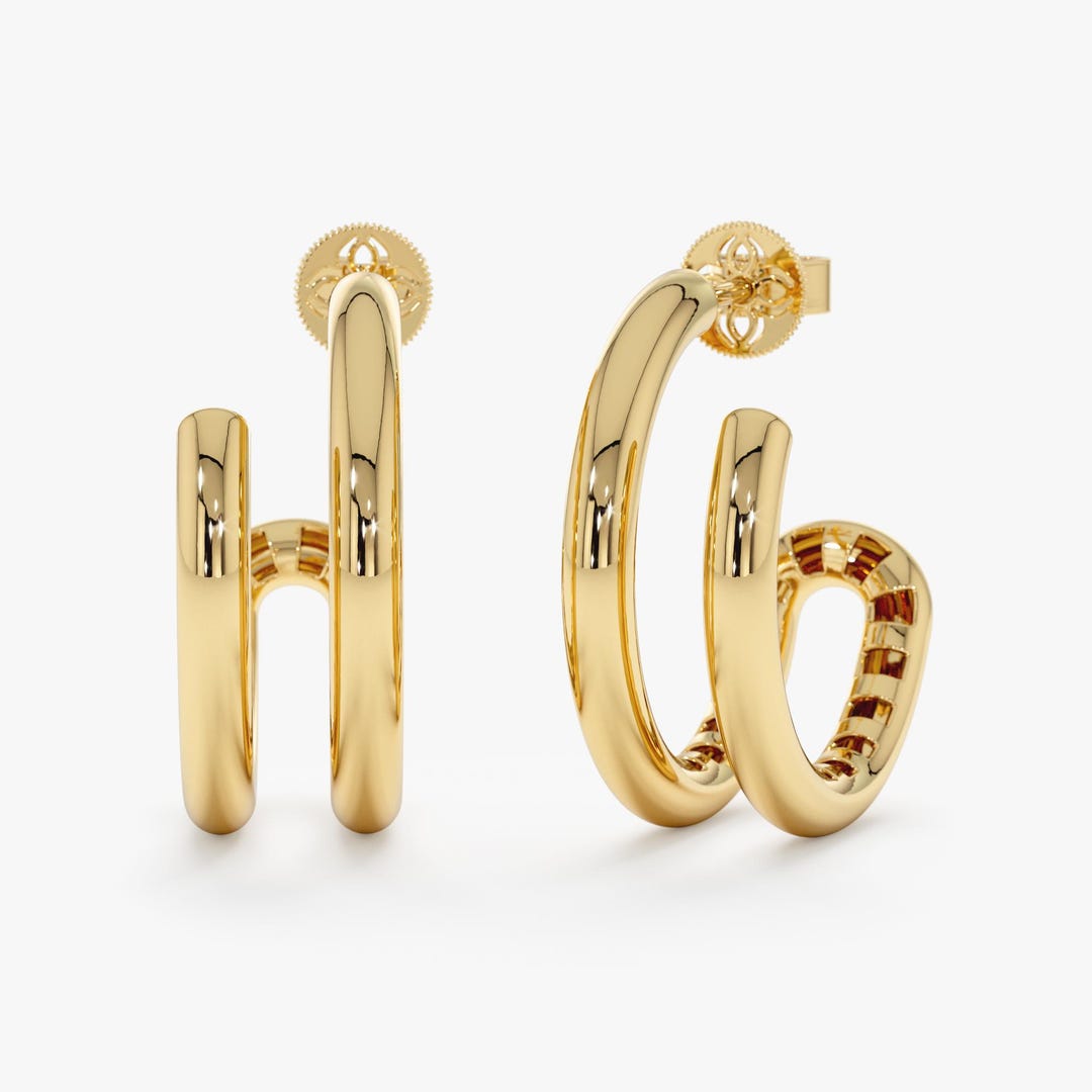 14k Double Hoop Earring Solid Gold Double Band Hoop Earring Small And Large Hoop Curved Open