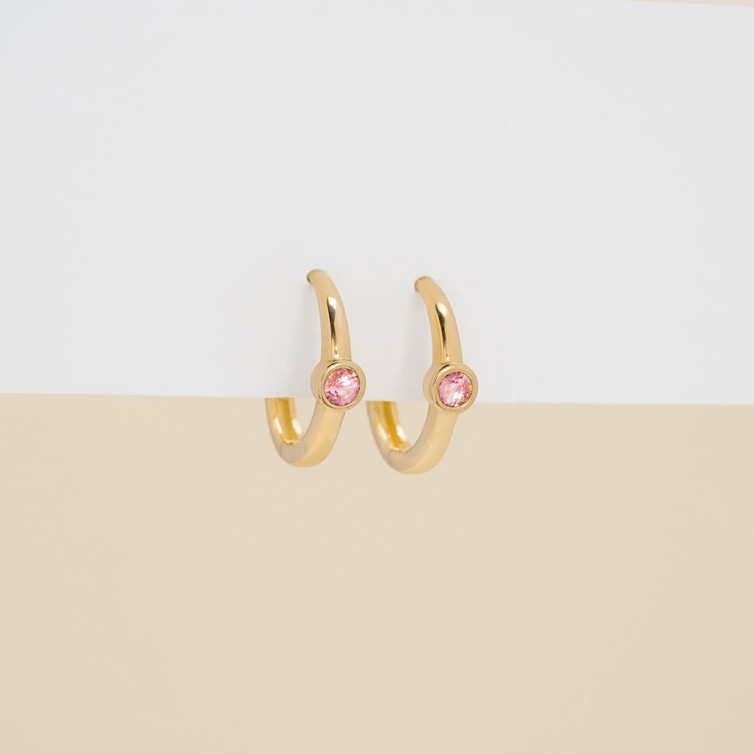 14k Solid Gold Huggies With Pink Tourmaline, Plain Gold Hoops, Gold ...